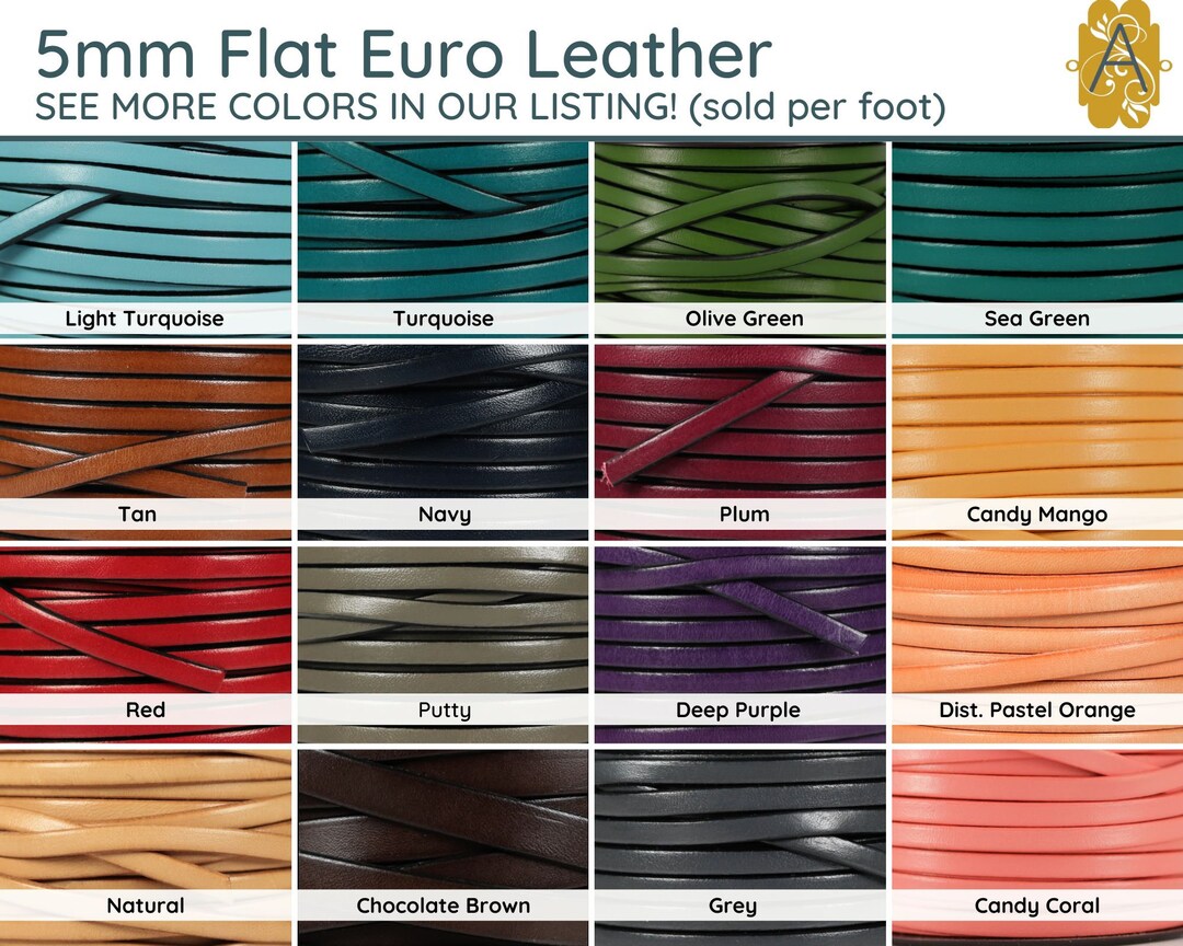 5mm Flat Superior Euro Leather, Sold per Foot (12inches), 20 Colors ...