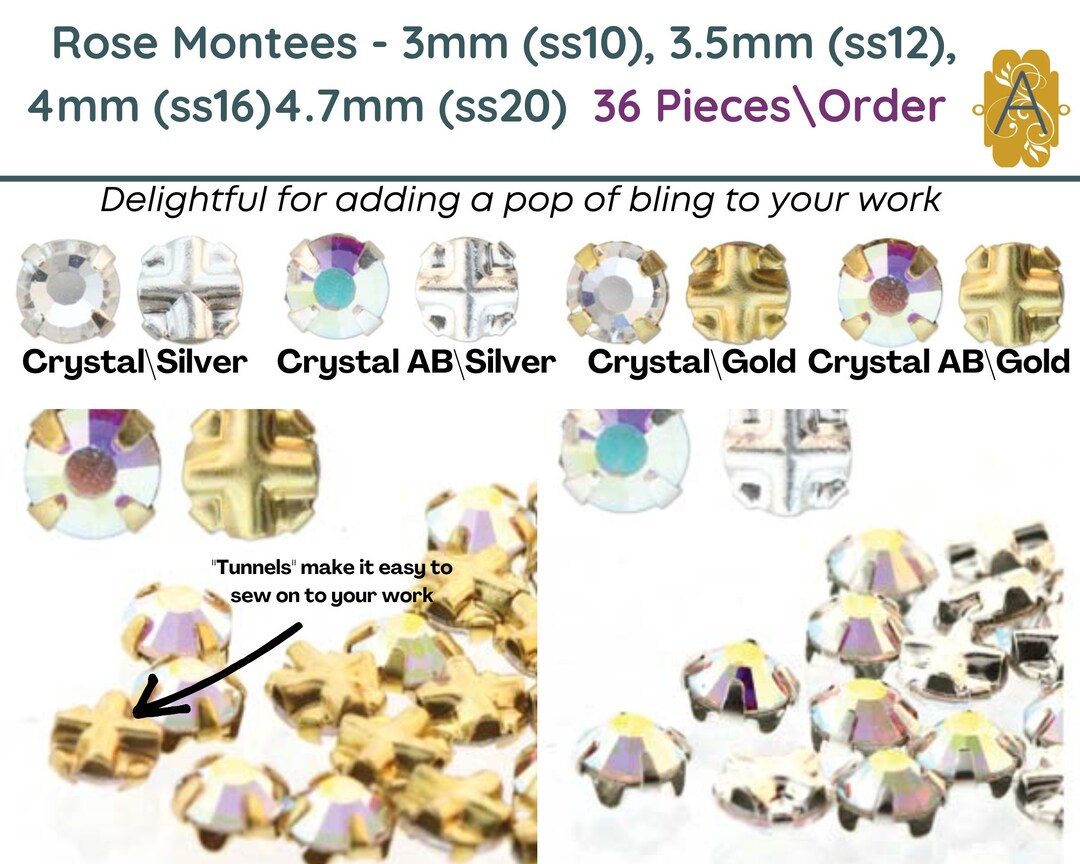 ROSE MONTEES, 36 Pcs., 3, 3.5, 4, 4.7mm, Czech Crystal, Silver or Gold ...