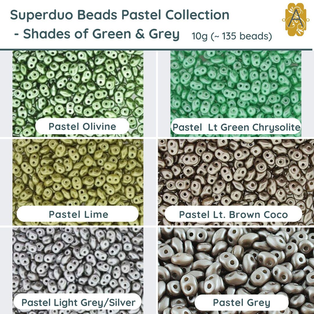 Superduo Beads, 10g., Pastels - Shades of Green & Grey, 6 Colors - Etsy