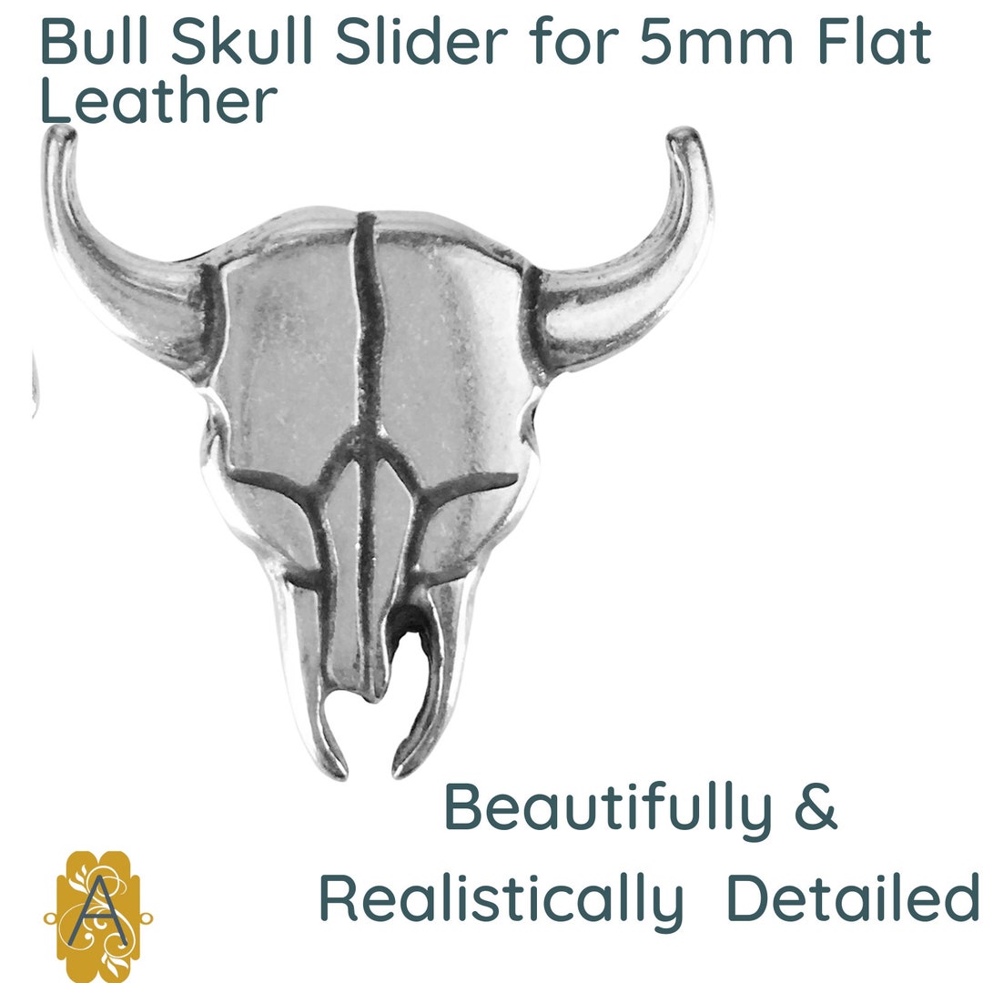 Bull Skull Slider, for 5mm Flat Leather, 1 Pc., 99% Fine Silver Plating ...