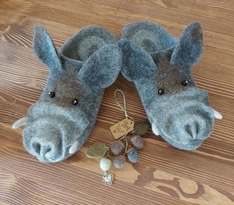 Home Felt Slippers Gray Boar Piggy Wool Slippers Flat Shoes Handmade ...