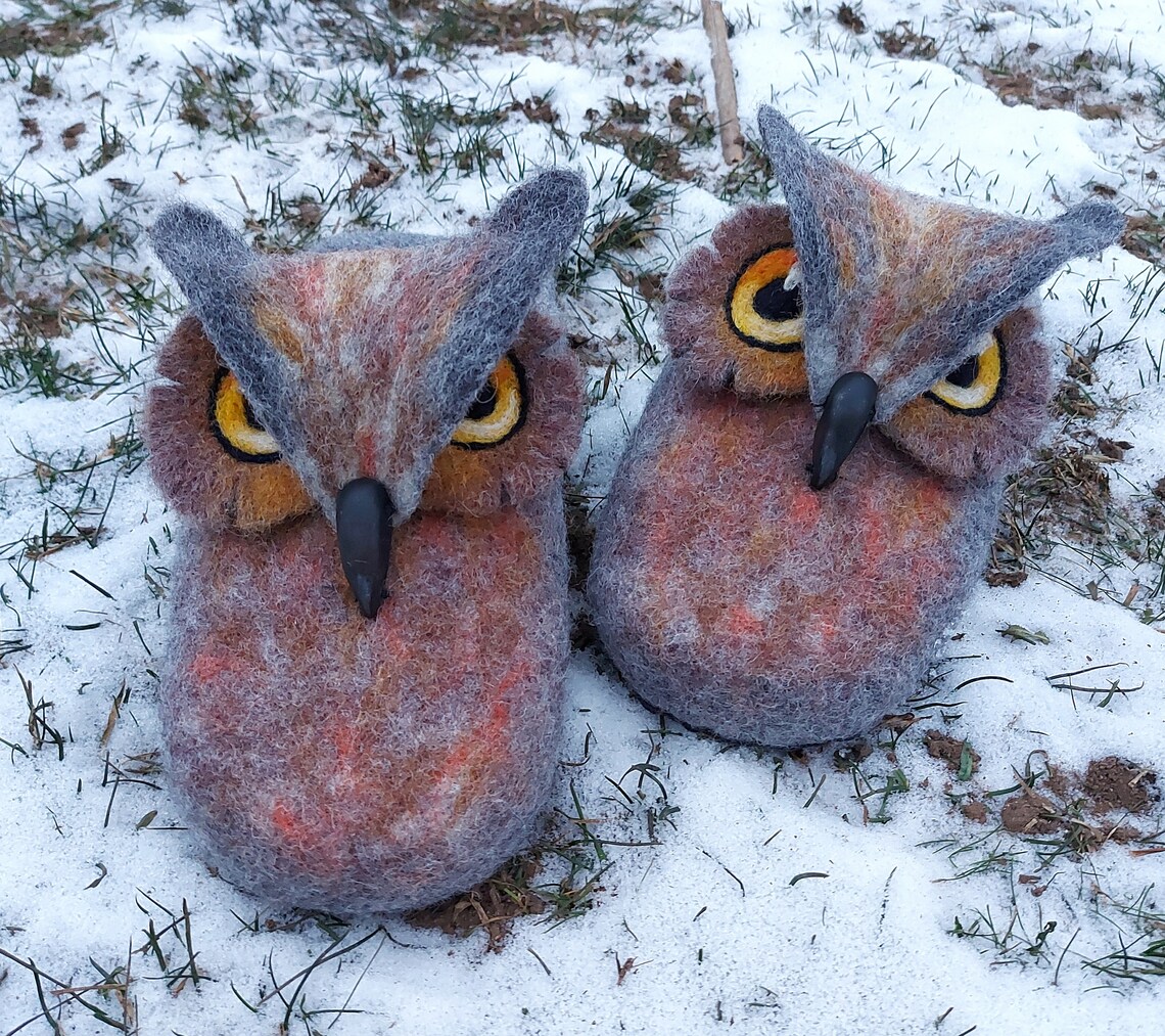 Felt Slippers Gray Eagle-owl Wool Slippers Flat Shoes Handmade Animal ...