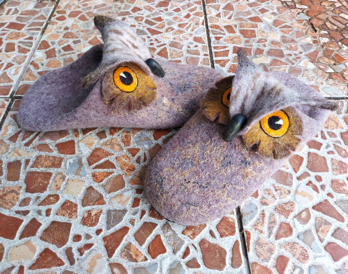 Felt Slippers Gray Eagle-owl Wool Slippers Flat Shoes Handmade Animal ...