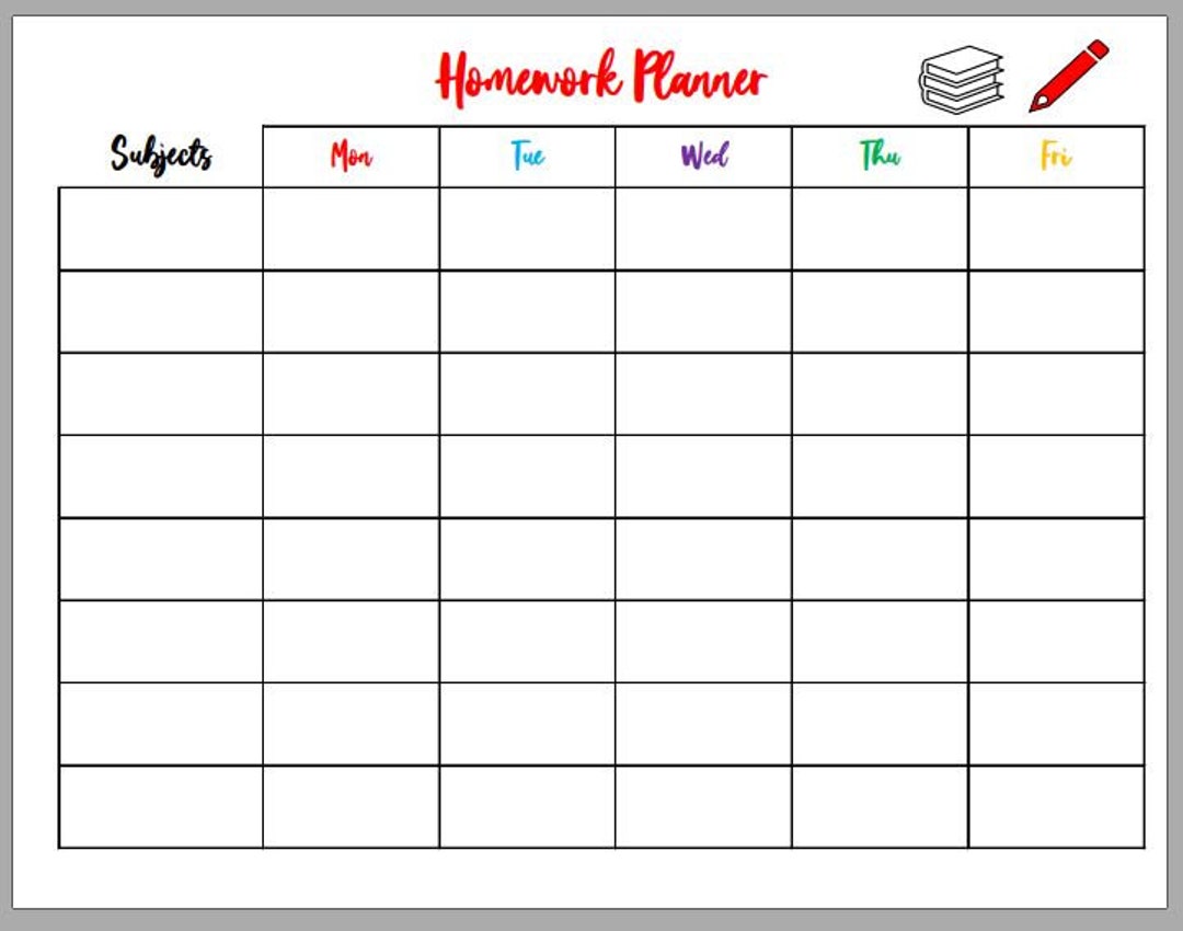 Homework Planner, With Subjects, Studying, Weekly Planner, 5 Day ...