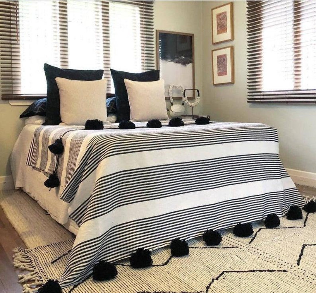 MOROCCAN BEDDING BLANKET – Handmade Cotton Pom Pom Throw – Berber Style ...