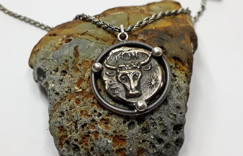 Bull Coin Pendant, Taurus, Sterling Silver Greek Animal Cow/bull & Crab ...