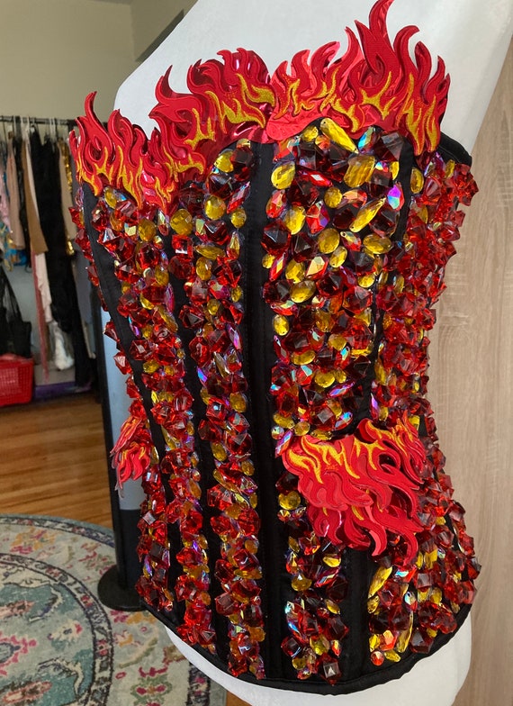 3D Flames and Rhinestones Black Corset | Etsy