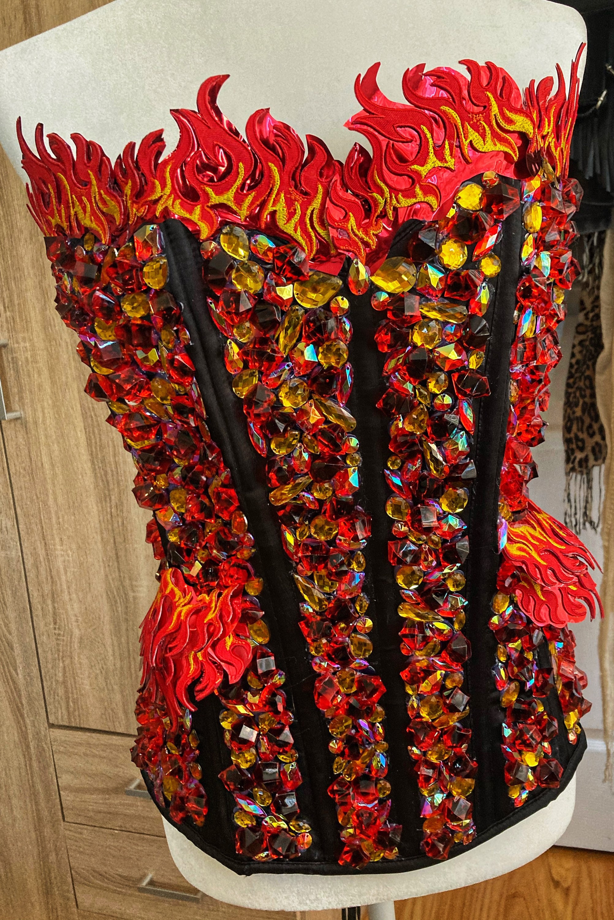 3D Flames and Rhinestones Black Corset - Etsy