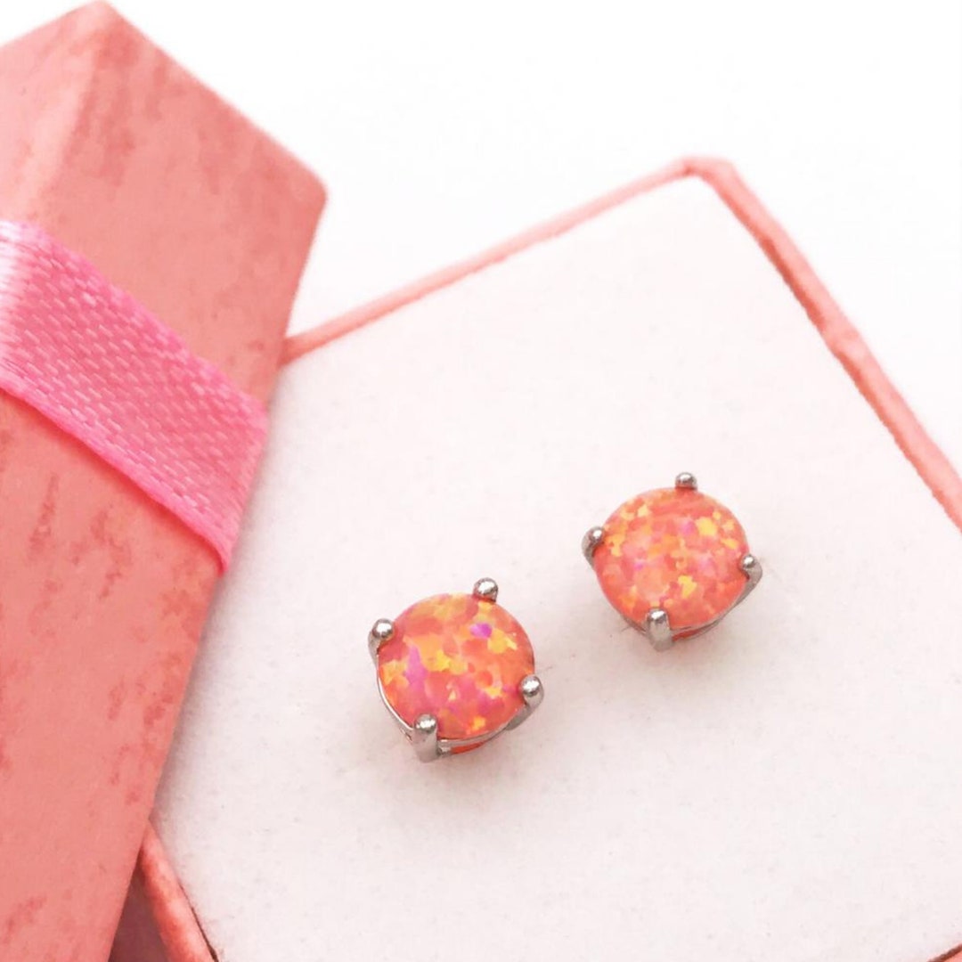 Sterling Silver Pink Sunset Fire Opal Earrings 6MM Stud Earrings ...