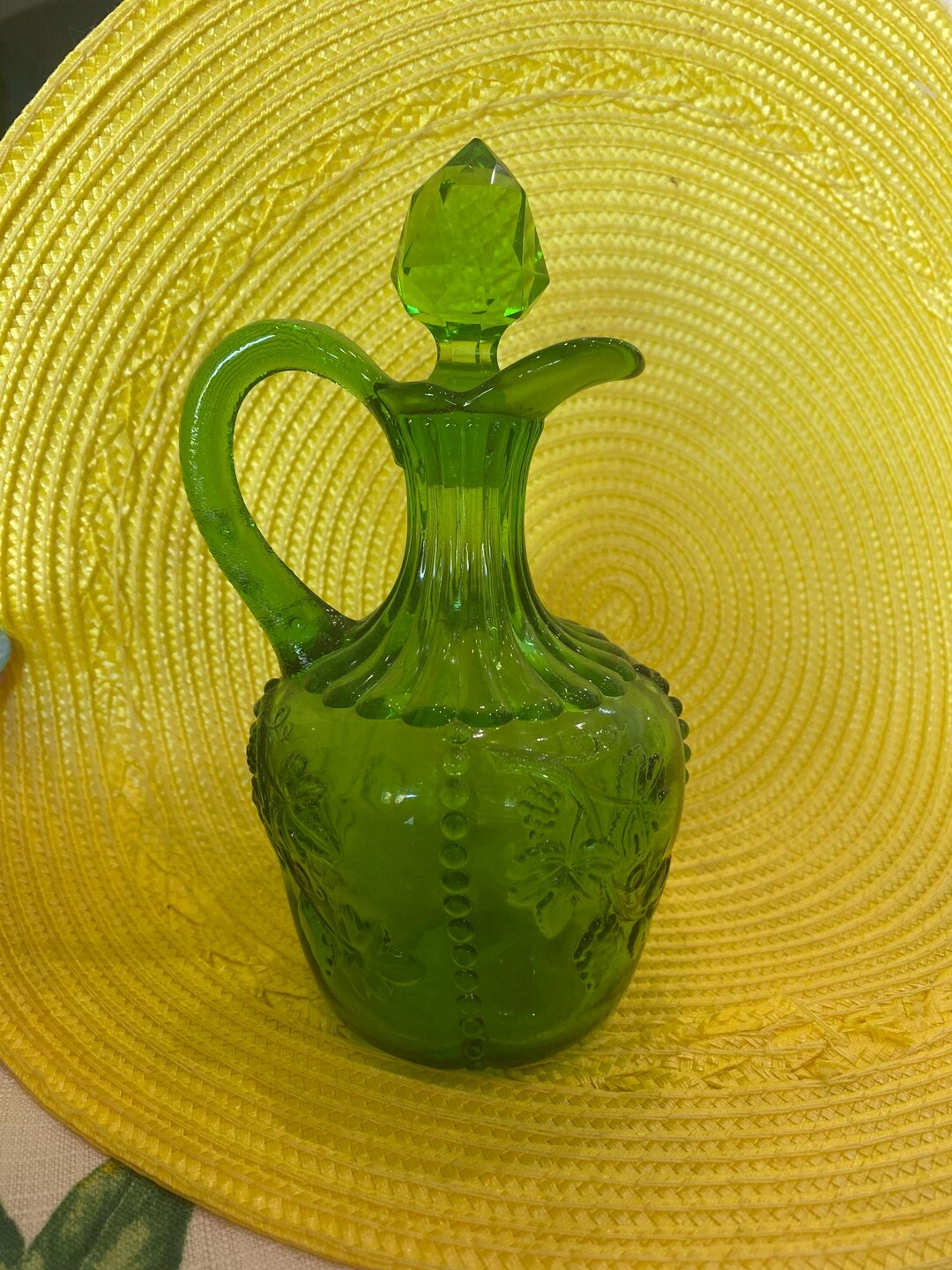 Dark Green Pressed Glass Cruet With Prism Stopper. Design of Grapes and ...