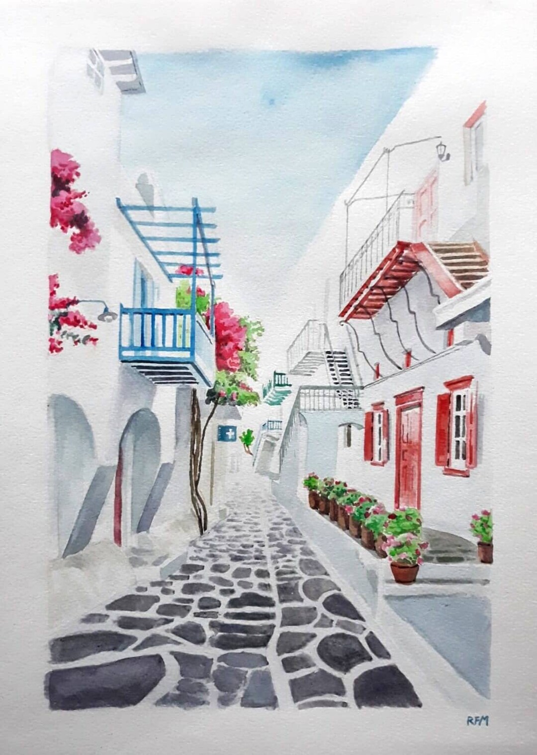 ORIGINAL WATERCOLOUR A3. Mykonos, Greece. 42 X 29.7cm 16.5 X 11.7in ...