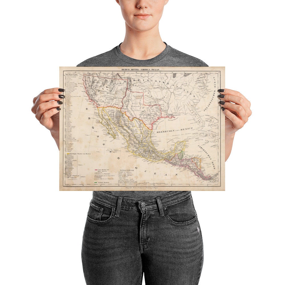 Map of Mexico, Middle-america and Texas From 1855, Historic Art Poster ...