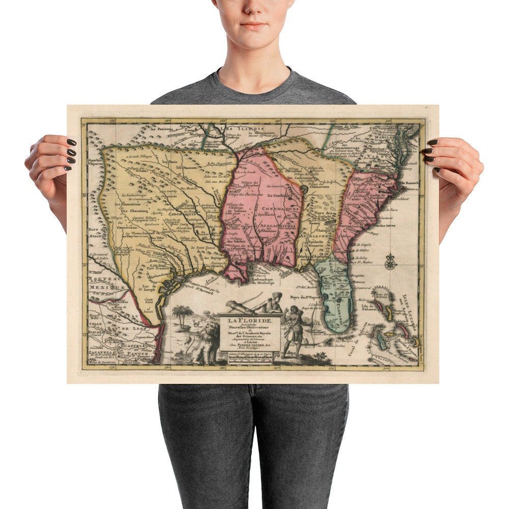 Map of Florida and the Surrounding Areas From 1714 Entitled 'la Floride ...