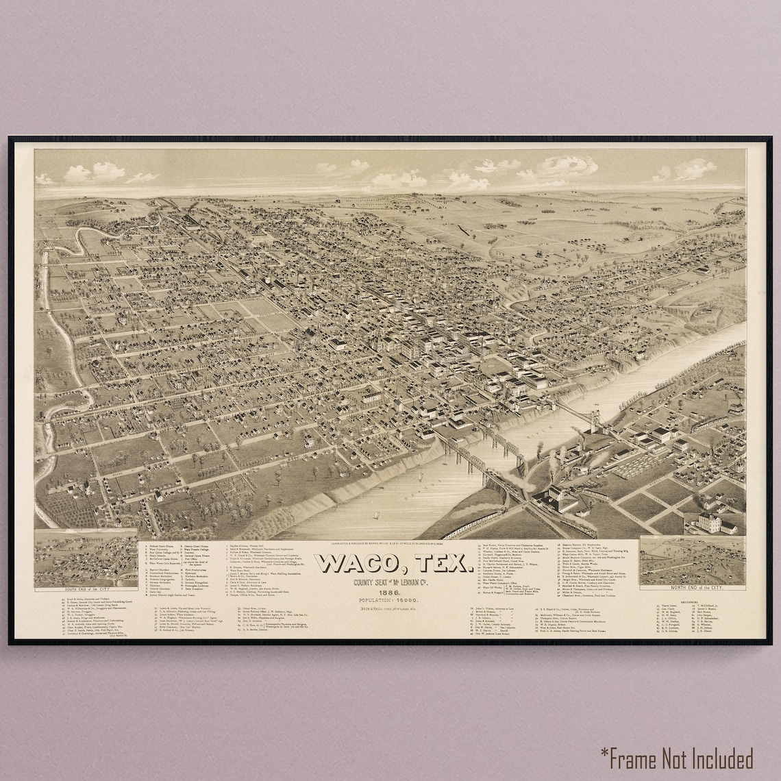 Bird's-eye View Map of Waco, Texas in 1886, Historic Art Poster Print ...