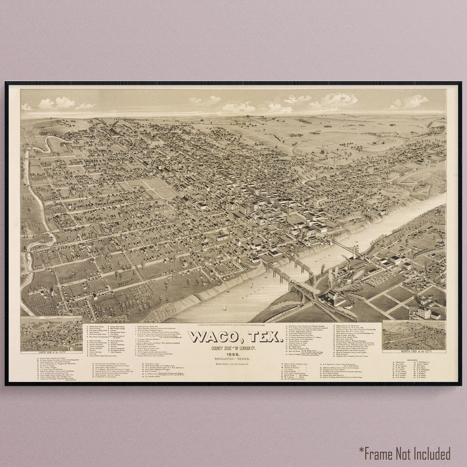 Bird's-eye View Map of Waco, Texas in 1886, Historic Art Poster Print ...
