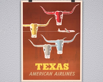 Vintage Airline Texas Travel Poster With Longhorns - Etsy