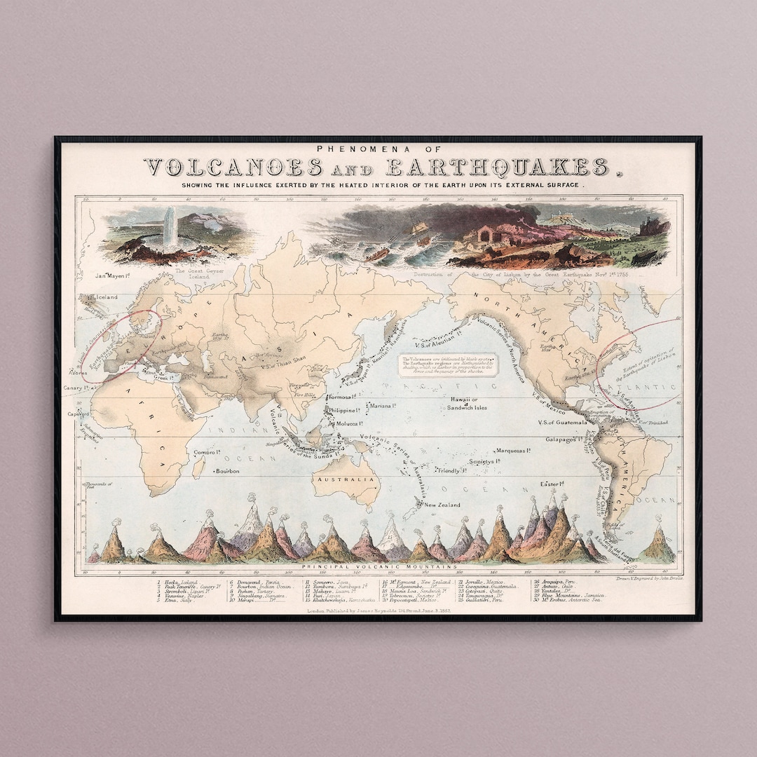 Vintage Diagram of Volcanoes and Earthquakes From 1852 Art Poster Print ...