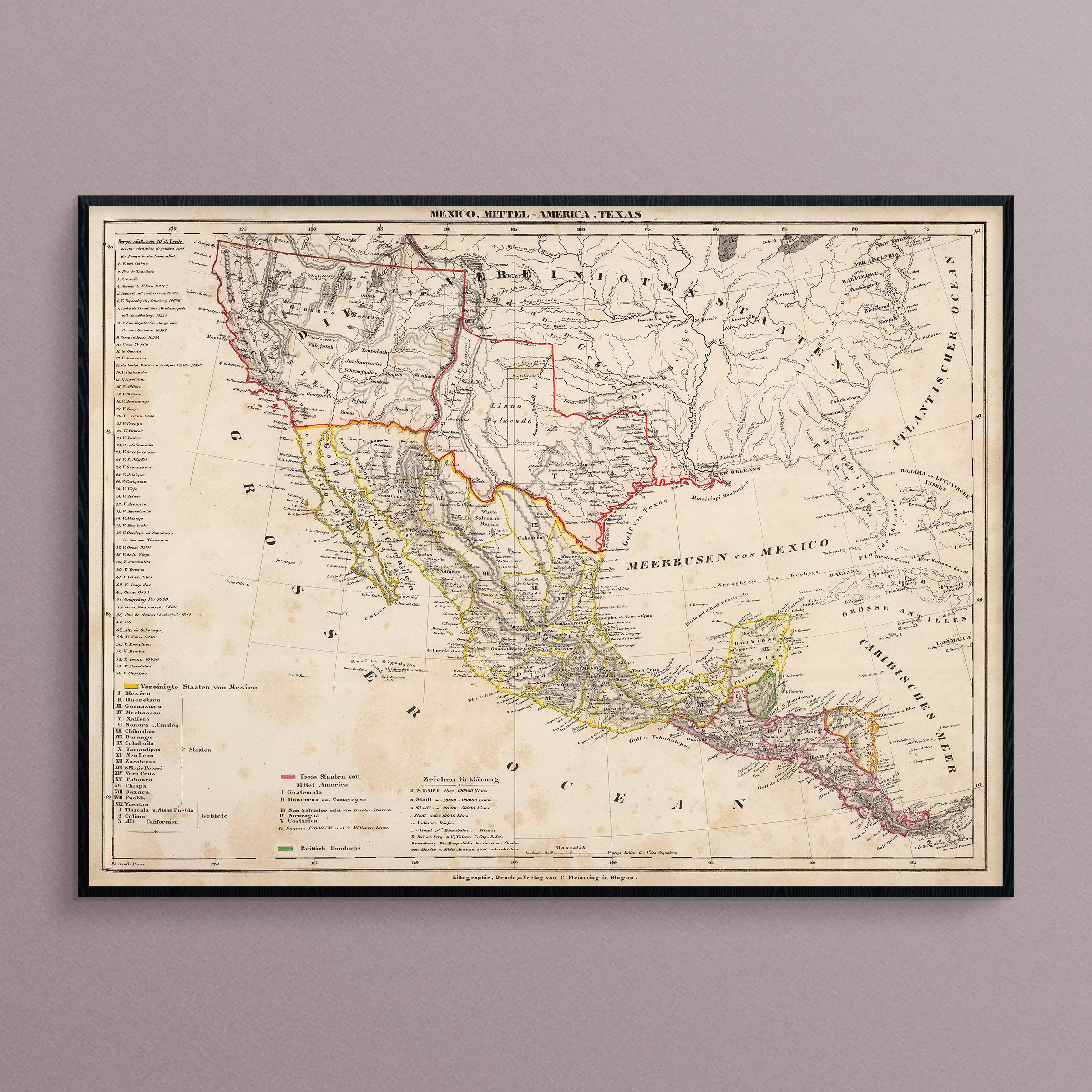 Map of Mexico, Middle-america and Texas From 1855, Historic Art Poster ...