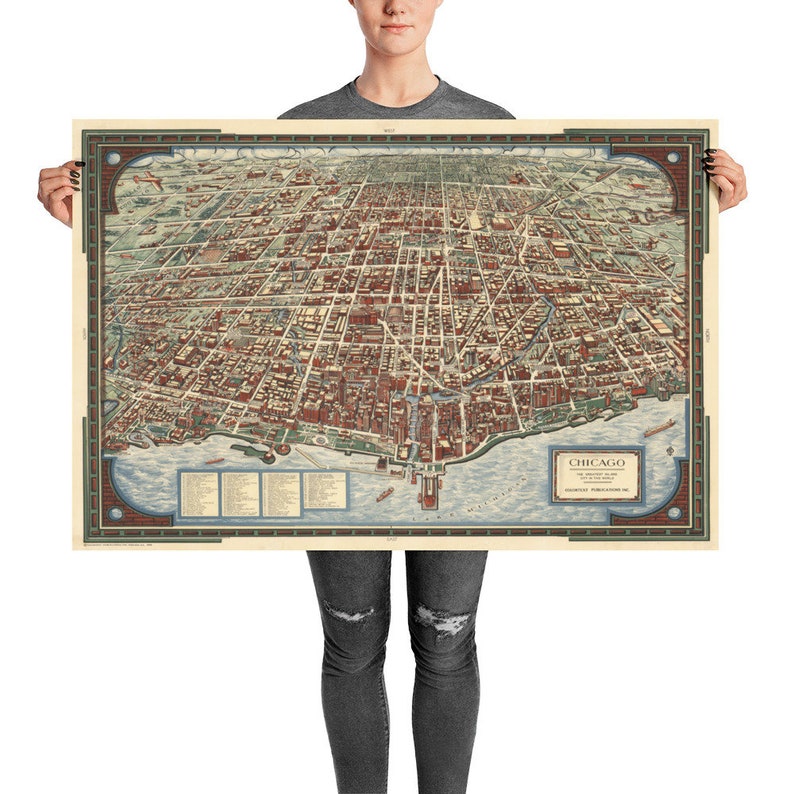 Bird’s-eye View Map of Chicago, Illinois From 1938, Historic Art Poster ...