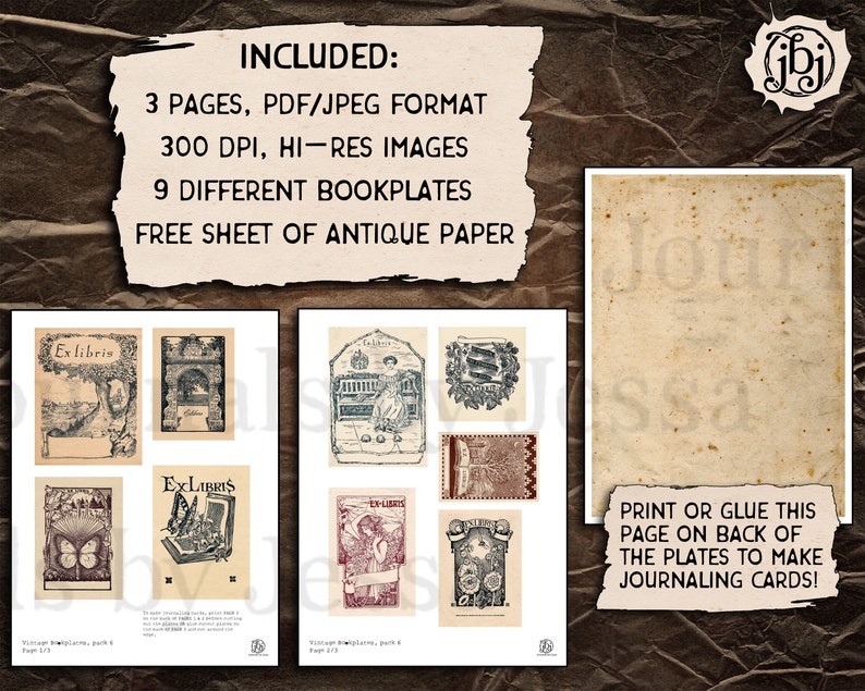 Vintage Bookplates, Pack 6 Printable Digital Download Ex Libris 9 ...
