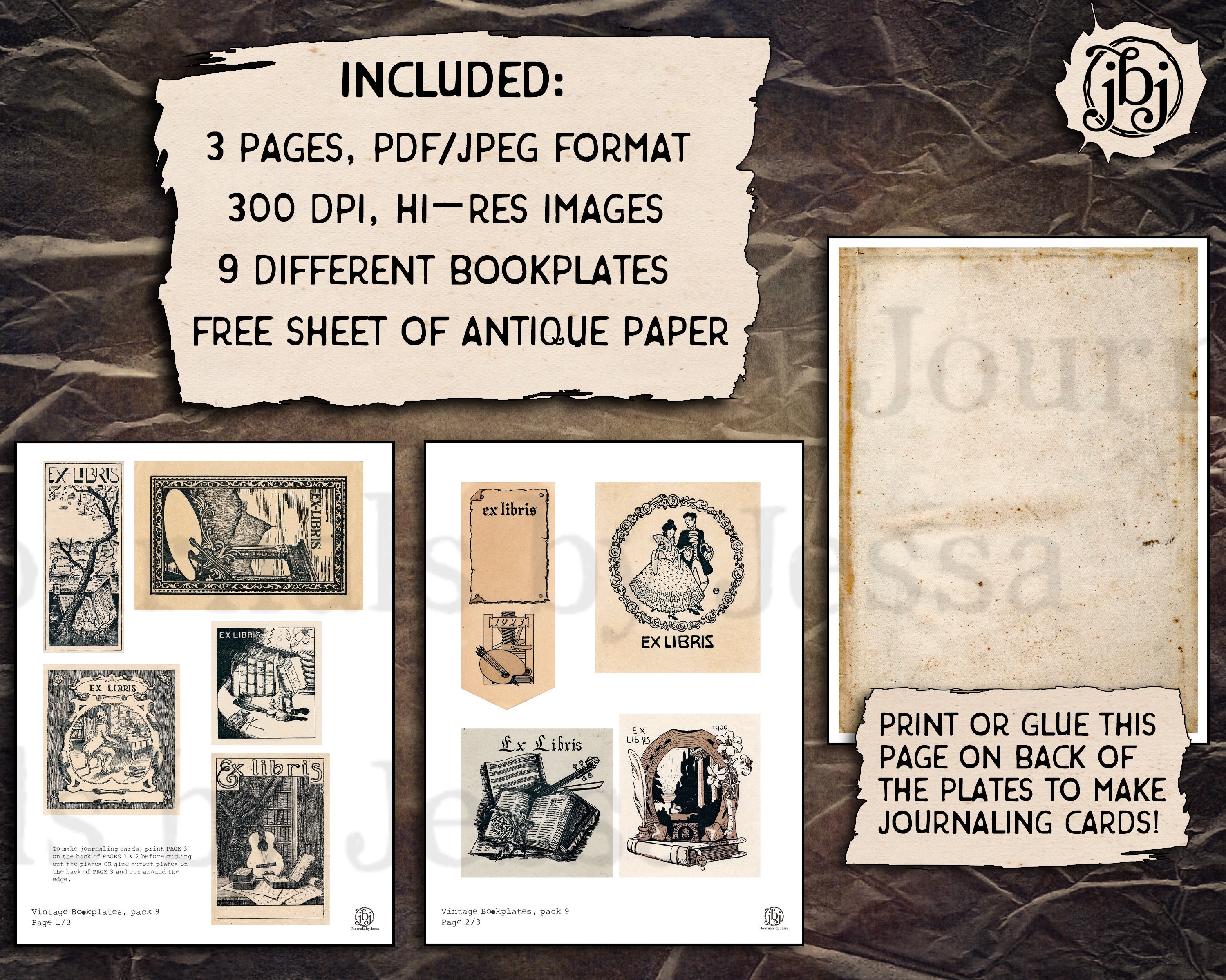Vintage Bookplates, Pack 9 Printable Digital Download 9 Different Ex ...