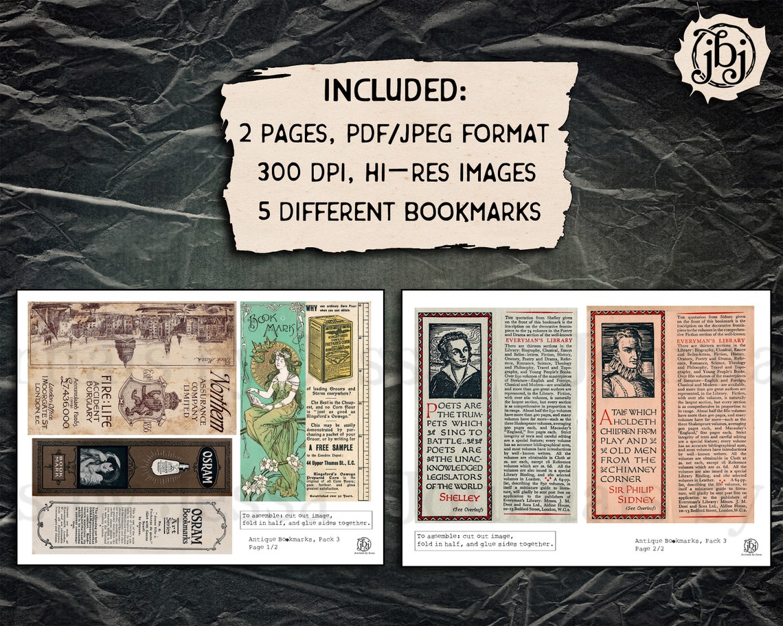 Antique Bookmarks, Pack 3 Printable Digital Download Double-sided 5 ...