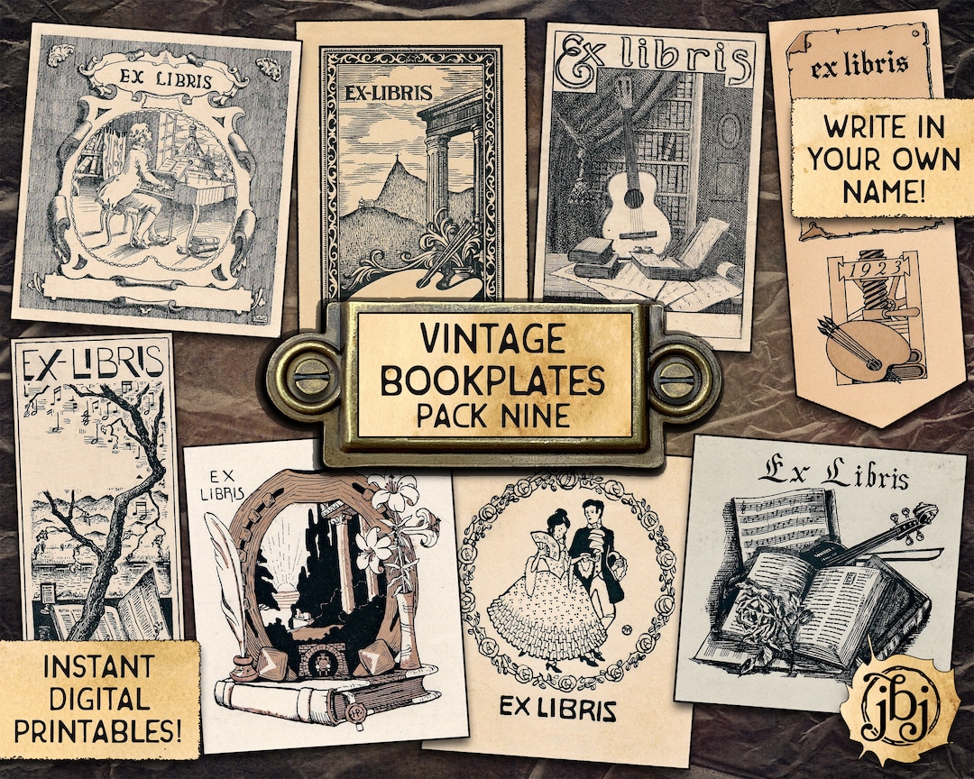 Vintage Bookplates, Pack 9 Printable Digital Download 9 Different Ex ...