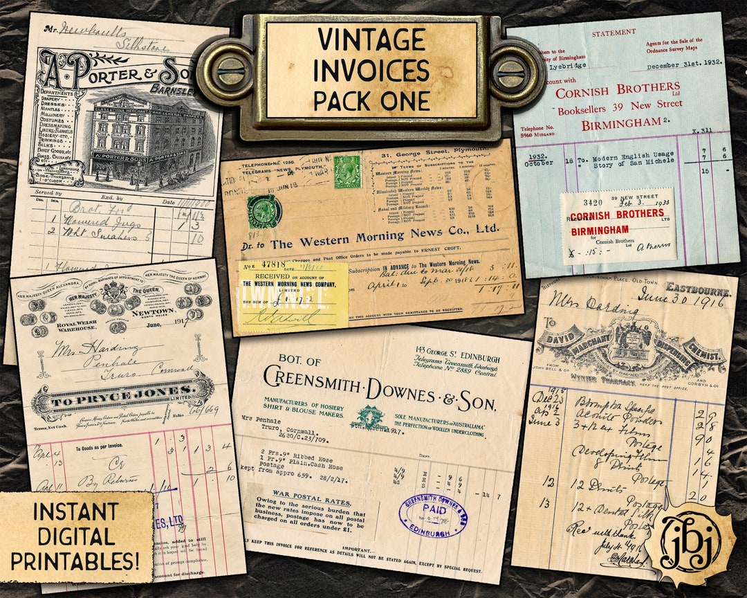 Vintage Invoices | Printable Digital Download | 6 Different Double ...