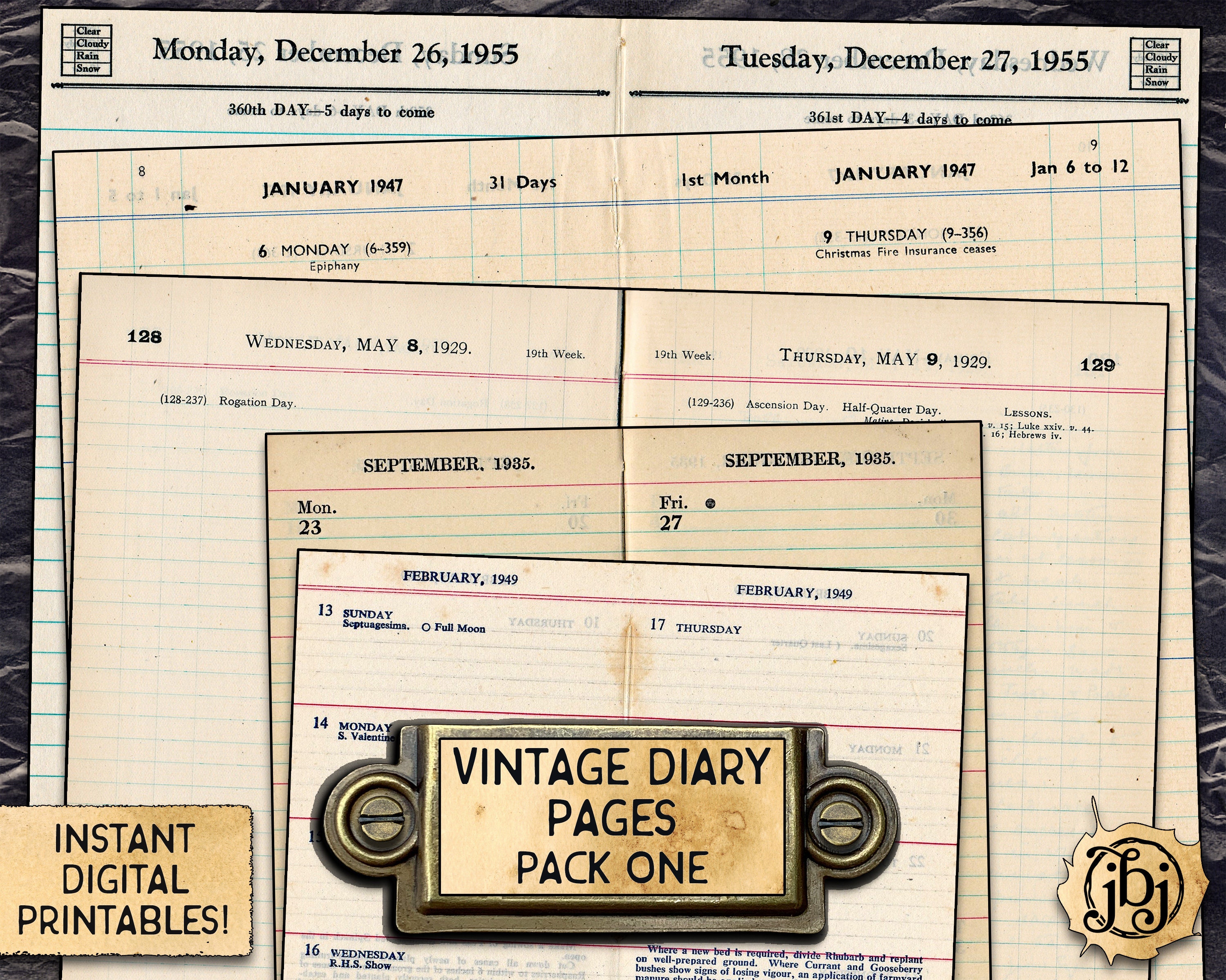 Vintage Diary Pages | Printable Digital Download | 5 Double-sided Pages ...
