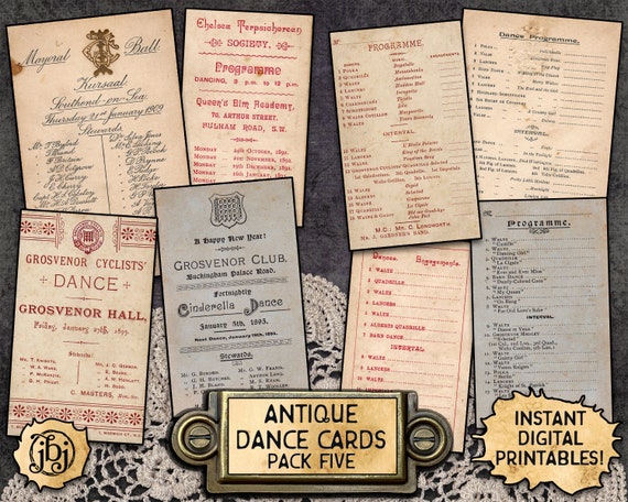 Antique Dance Cards Pack 5 Instant Download Printables 4 - Etsy