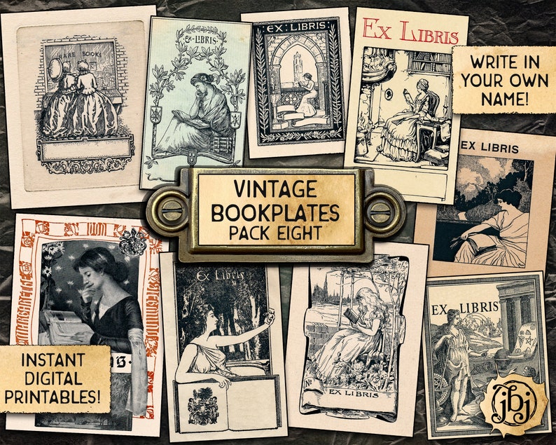 Vintage Bookplates, Pack 8 Printable Digital Downloads 9 Different Ex ...