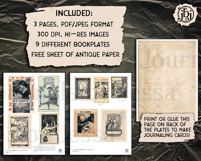 Vintage Bookplates, Pack 8 Printable Digital Downloads 9 Different Ex ...