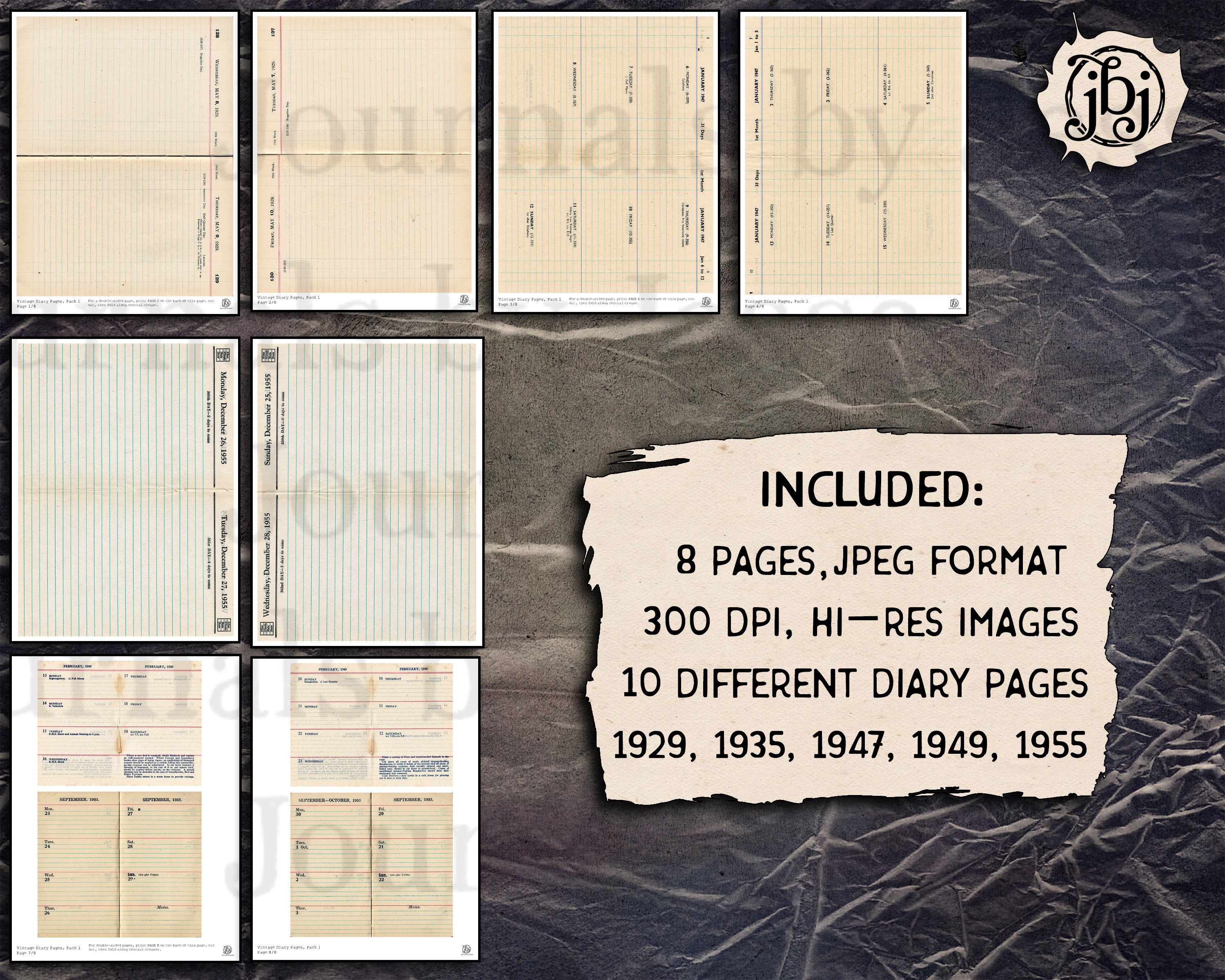 Vintage Diary Pages | Printable Digital Download | 5 Double-sided Pages ...