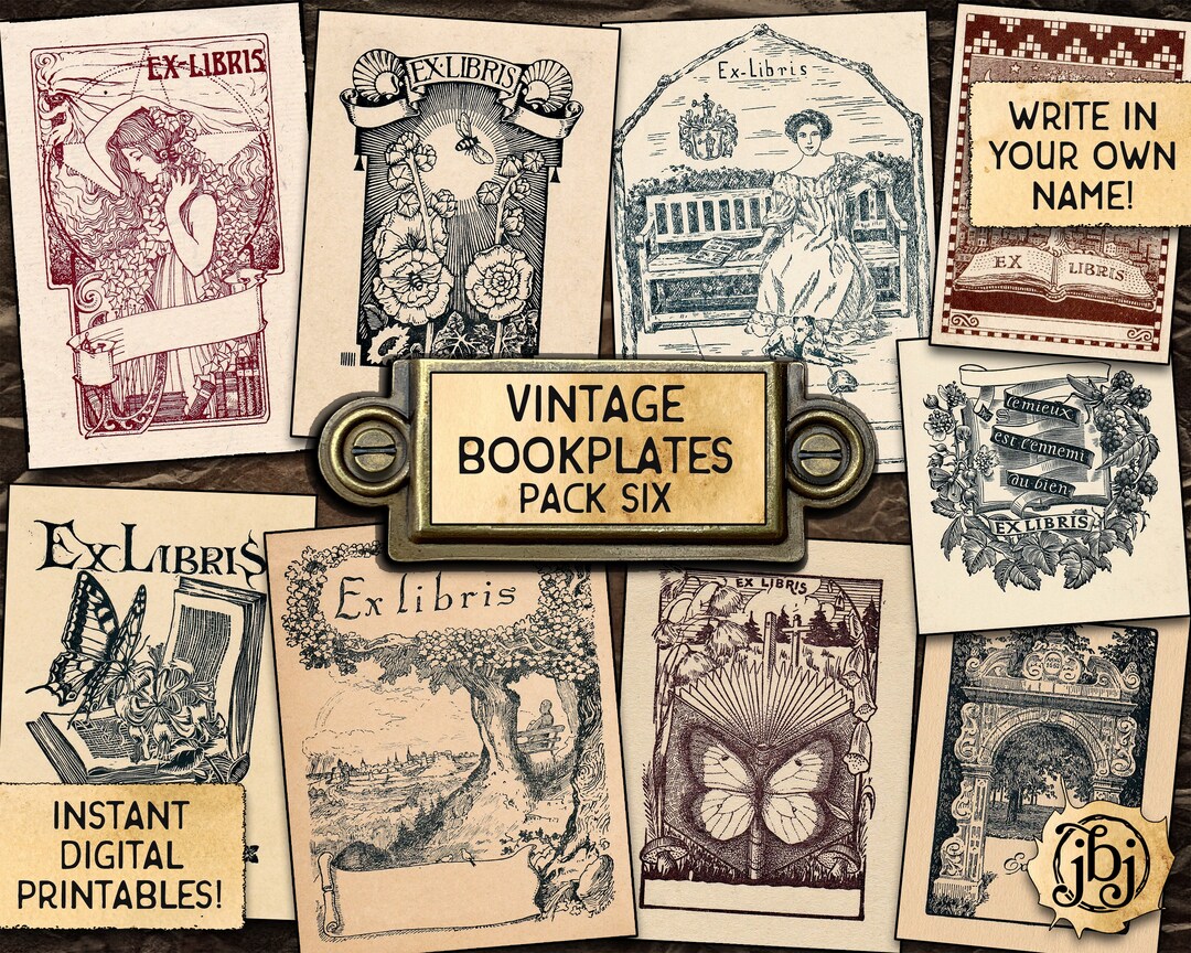 Vintage Bookplates, Pack 6 | Printable Digital Download | Ex Libris | 9 ...