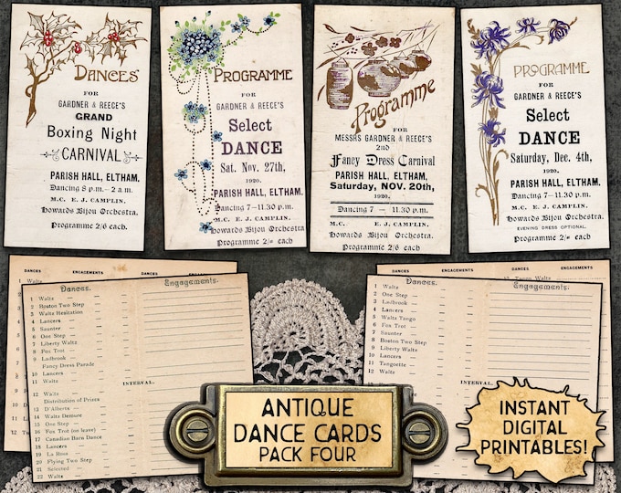 Antique Dance Cards, Pack 4 Digital Download Printables 4 Different ...
