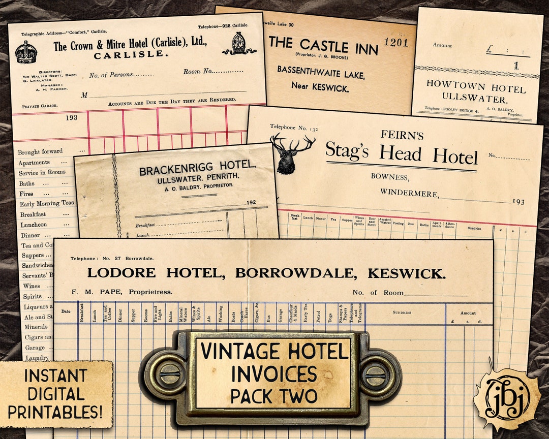 Vintage Hotel Invoices, Pack 2 | Printable Digital Downloads | 6 Double ...