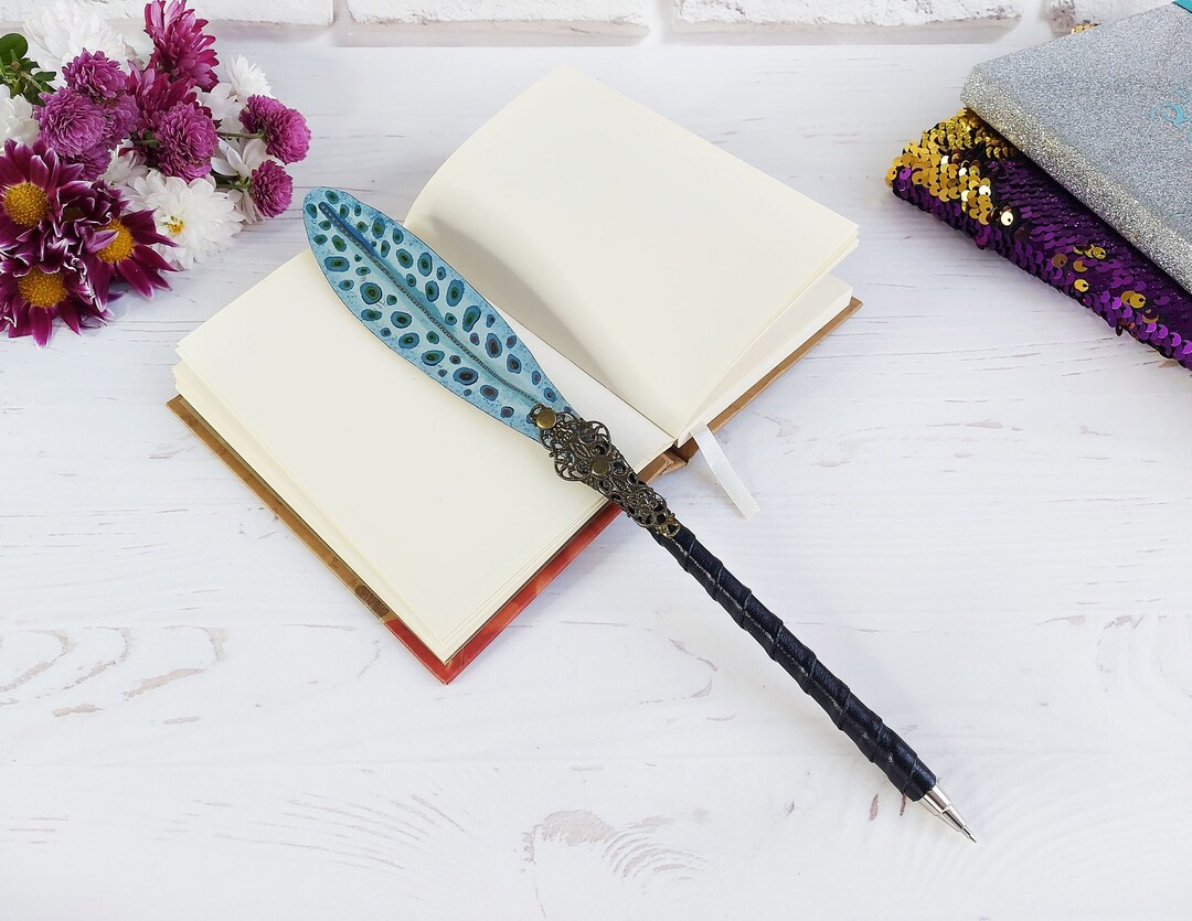 Blue Bird Feather Pen Topper, Leather Journal Ballpoint Pen Girl ...