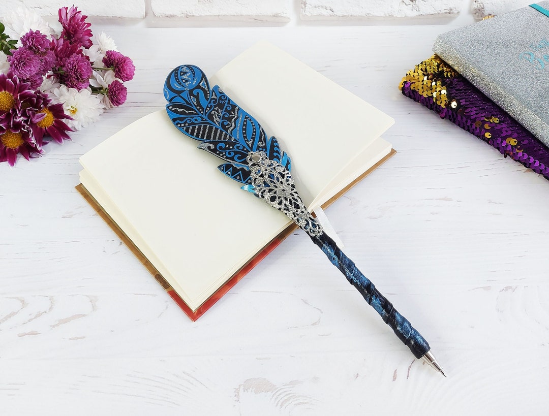 Blue Silver Sparkle Pen Handmade Feather Ballpoint Pen Fantasy ...