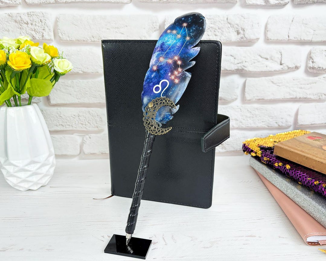 Sparkle Blue Feather Pen Birthday Wife Gift Unique Zodiac Sign Book Pen Ballpoint Fantasy Pen ...