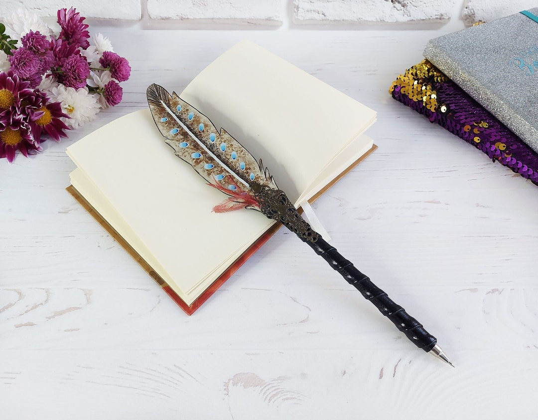 Bird Feather Pen, Quill Pen, Leather Fountain, Ballpoint Pen, Fantasy ...