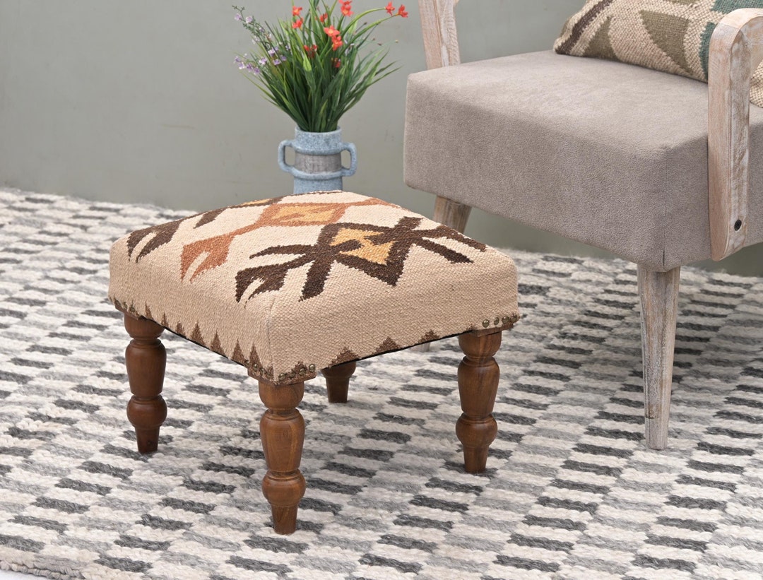 Elegant Acacia Footstool | Kilim Upholstered Pouf Ottoman | Traditional ...