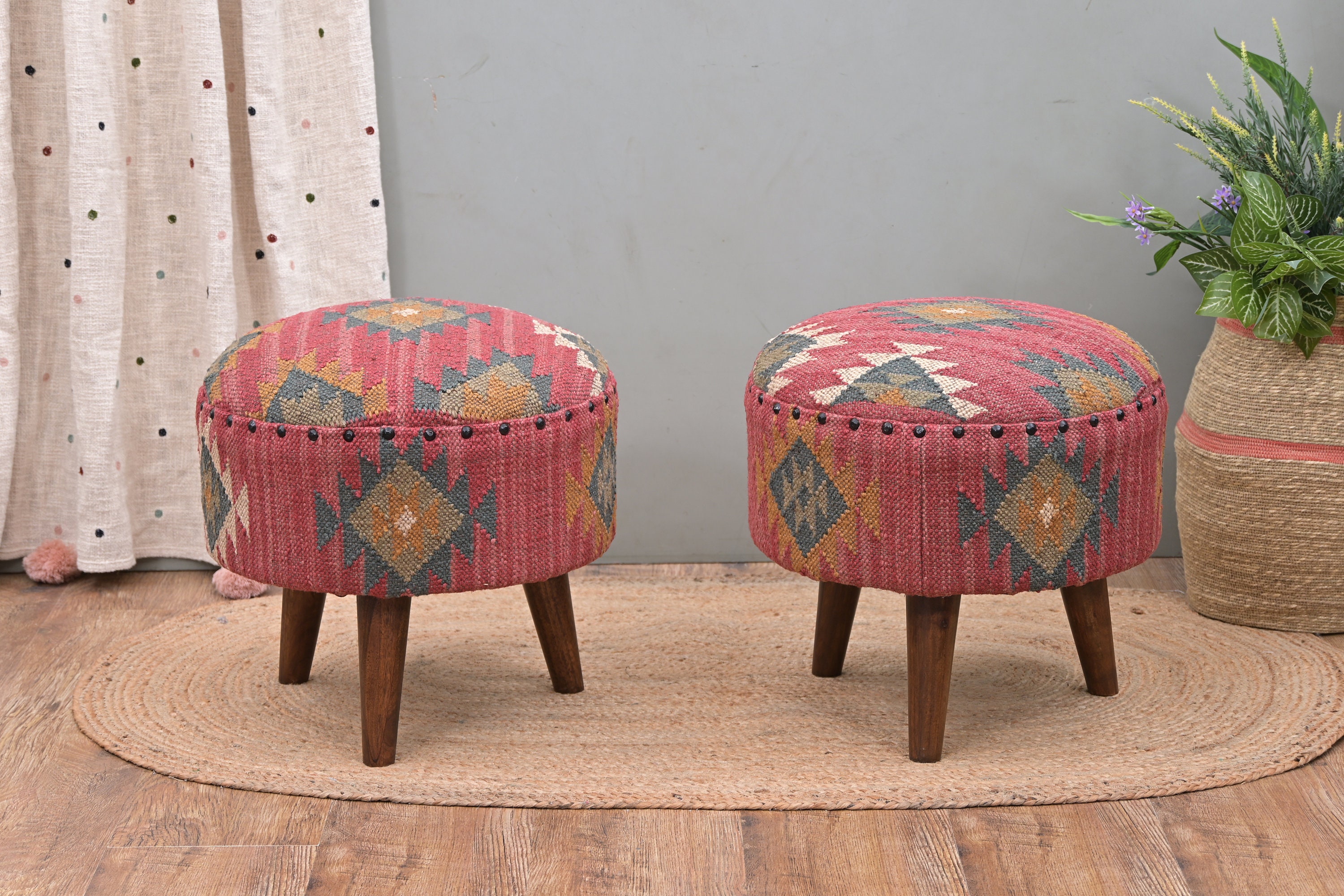 Handmade Footstool | Set of 2 Wooden Foot Stools | Bohemian Pouf ...