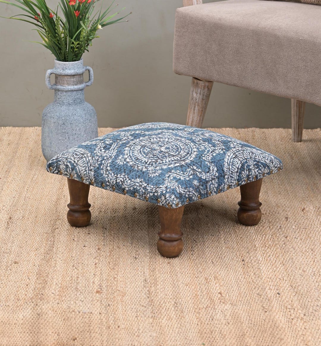 Handcrafted Acacia Wood Pouf | Low Kilim Upholstered Footstool Ottoman ...