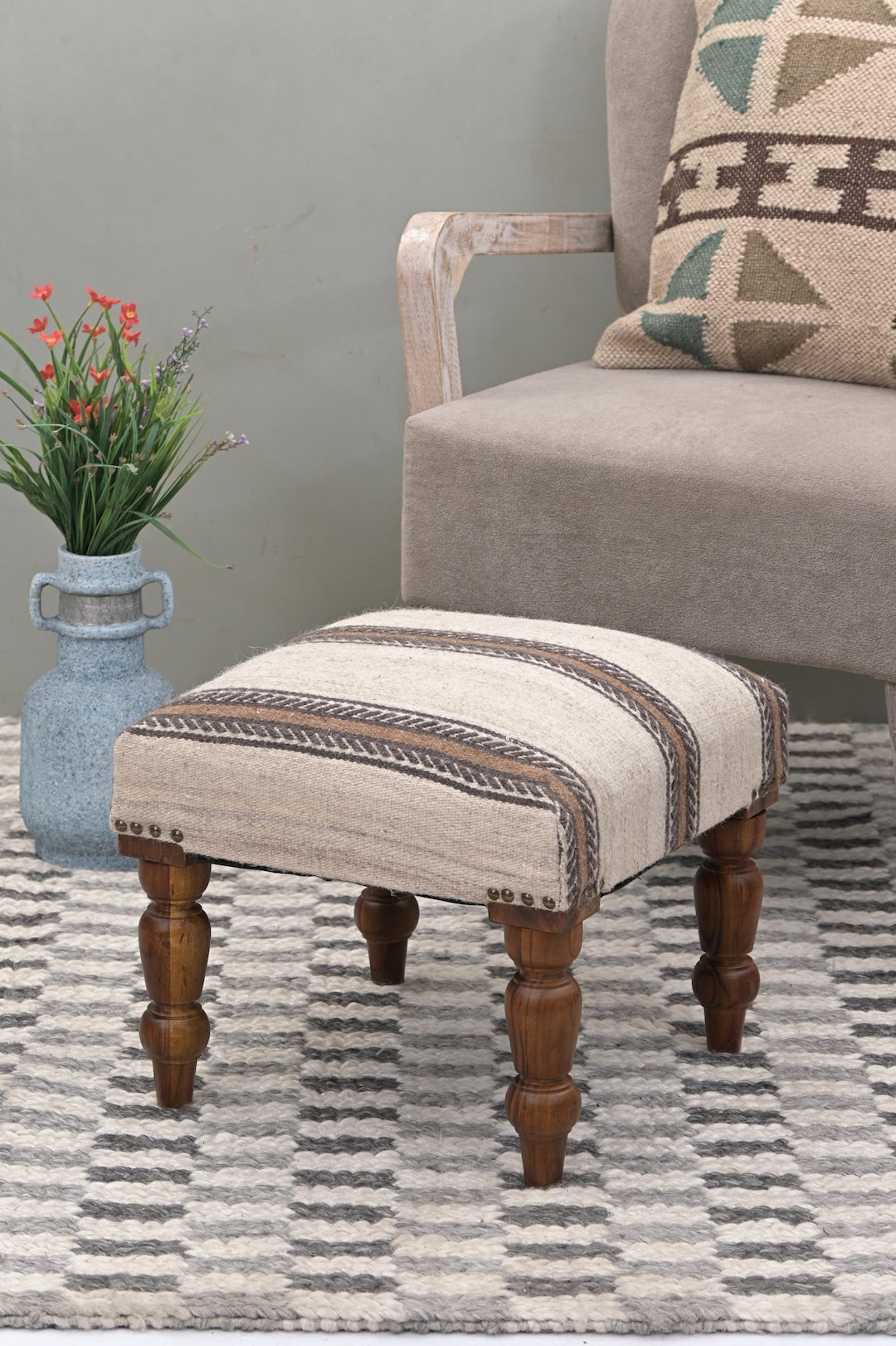 Handwoven Wool & Jute Ottoman Footstool– Perfect for Warm, Soft Fabric ...