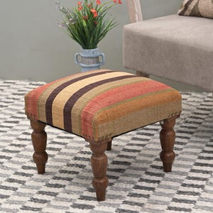 Elegant Acacia Footstool | Kilim Upholstered Pouf Ottoman | Traditional ...