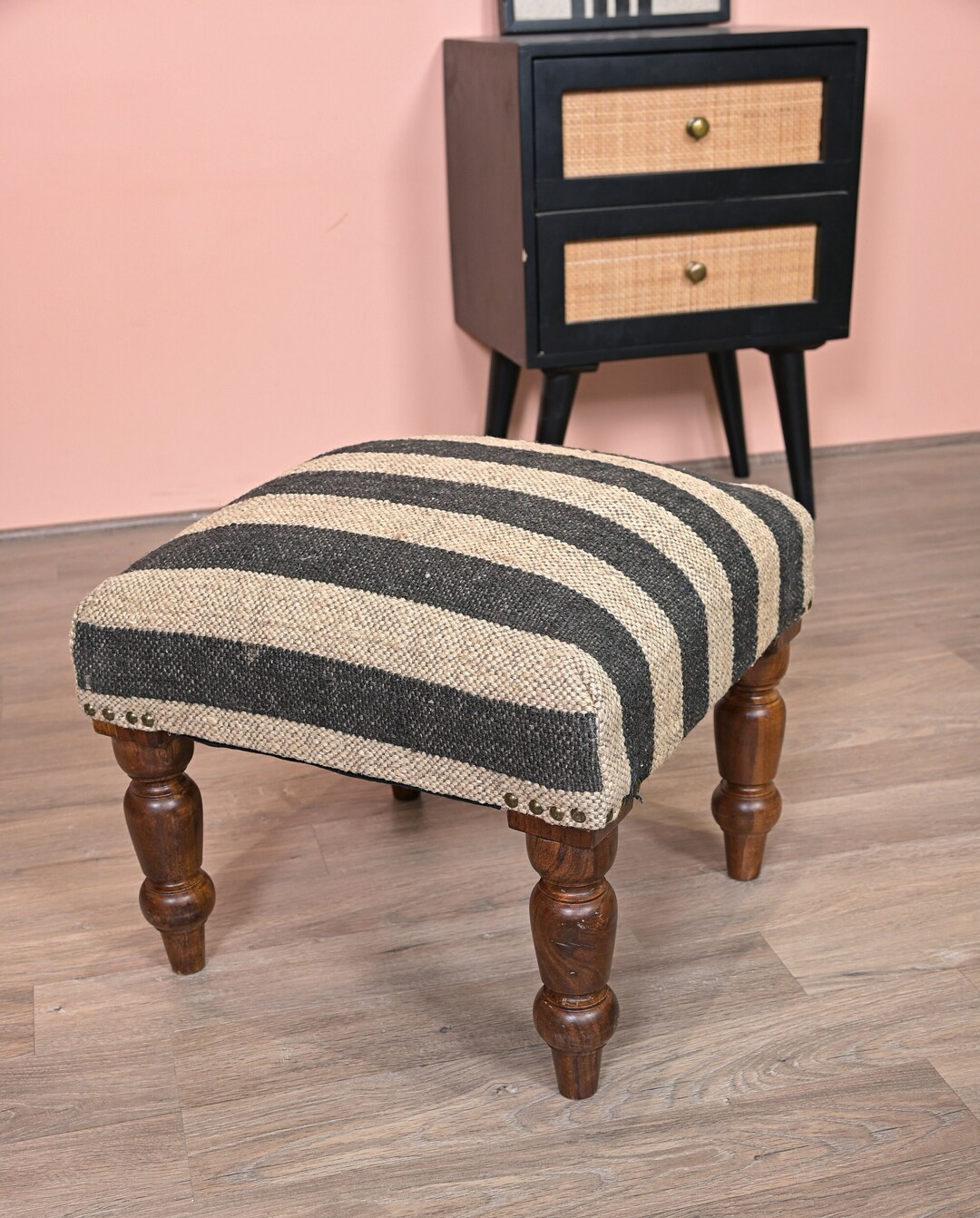 Handmade Wooden Boho Jute Fabric Ottomans Pouf Foot Stool for Living ...