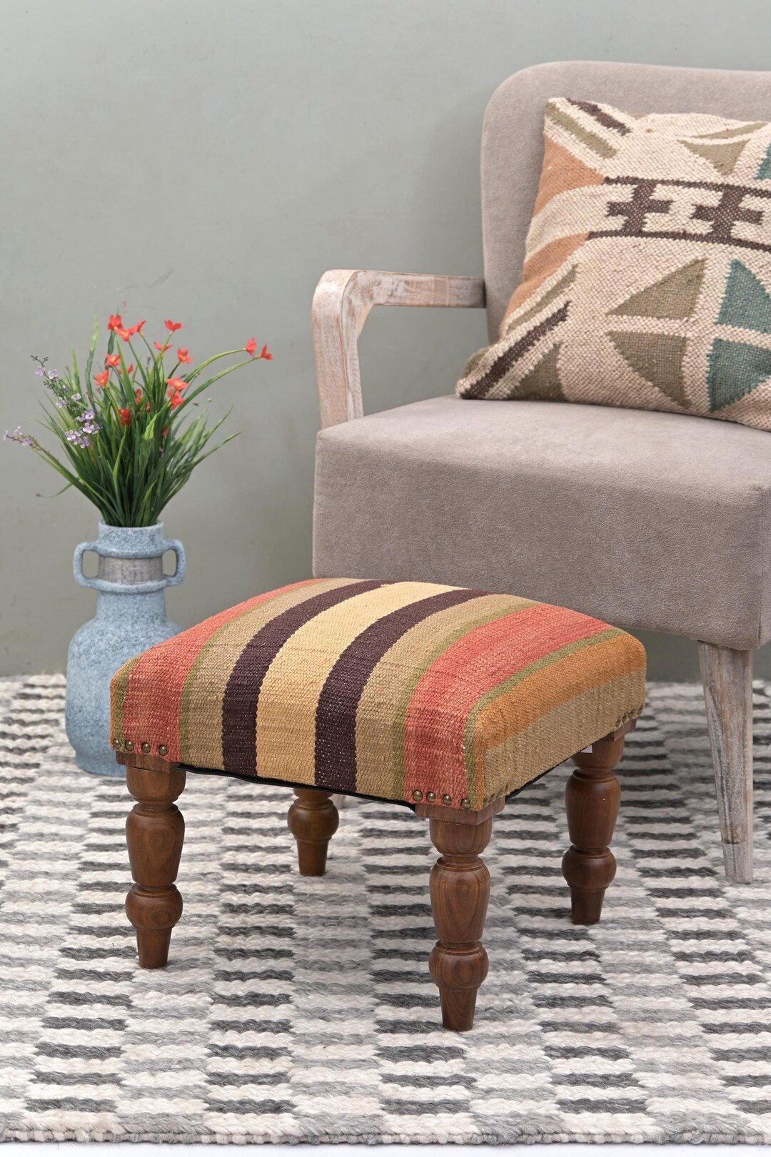 Elegant Acacia Footstool | Kilim Upholstered Pouf Ottoman | Traditional ...