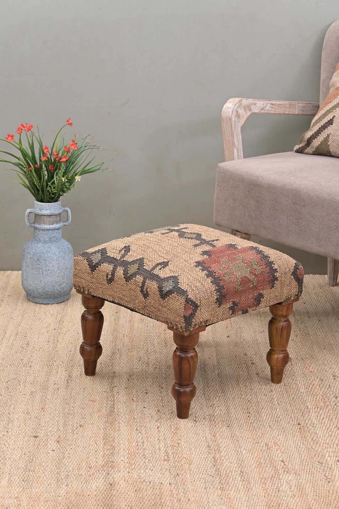 Handcrafted Acacia Wood Kilim Stool: Bohemian Footstool Ottoman - Etsy