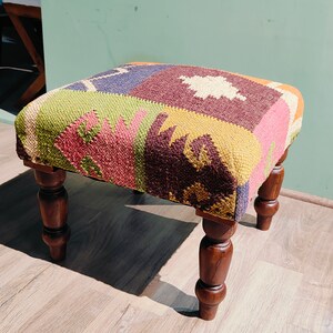 Decorative Handmade Foot Stool Acacia Wood Kilim Upholstered Pouf Stool ...