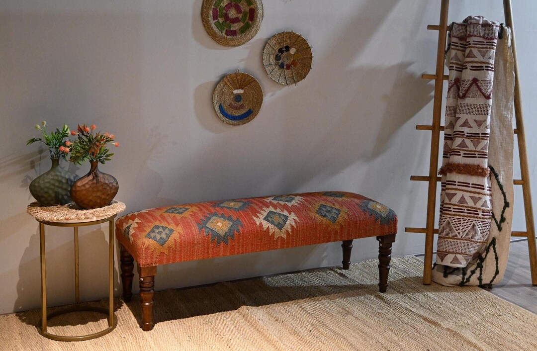 Indian Handmade Kilim Wool Jute Rug Piano Bench - Unique Upholstered ...